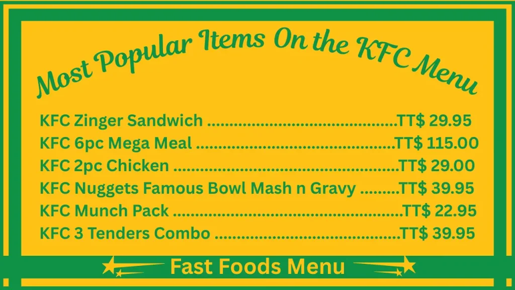 KFC Menu Prices Trinidad and Tobago - 2026