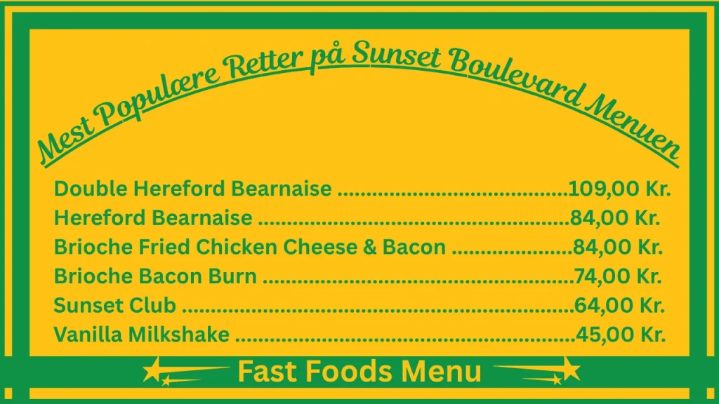 Sunset Boulevard Menu & Priser i Danmark | Sunset Menukort