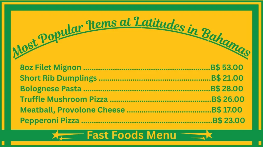 Latitudes Menu Prices In Nassau, Bahamas - June 2026