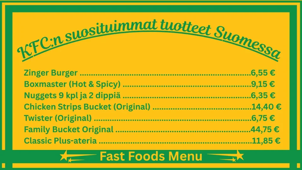 KFC hinnasto Suomessa 2026 | Päivitetty menu